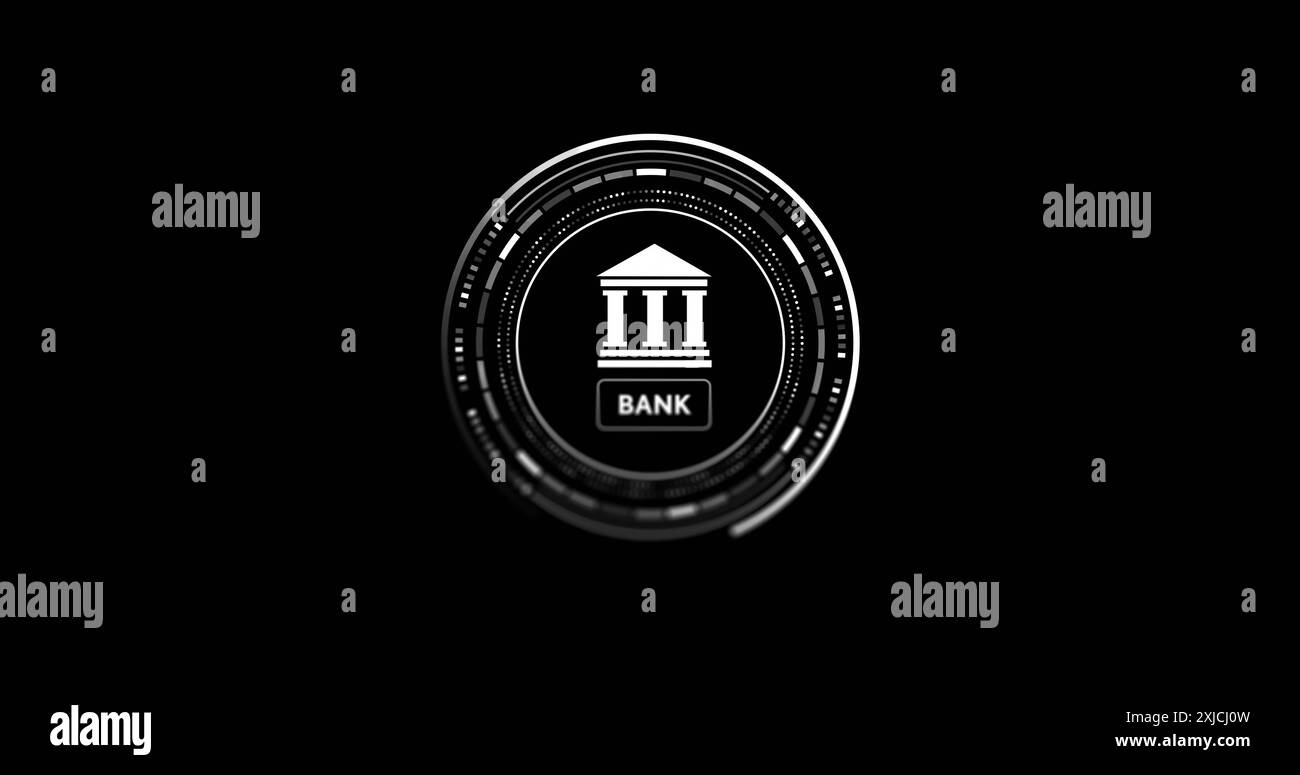Image of scope with bank icon and data processing over black background ...