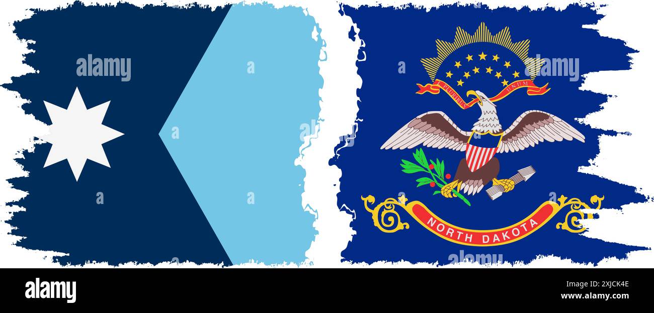 North Dakota and Minnesota states grunge brush flags connection, vector ...