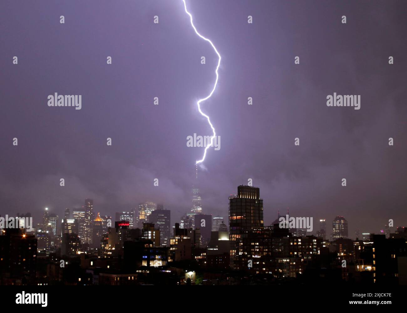 New York, United States. 17th July, 2024. A bolt of lightning hits the ...