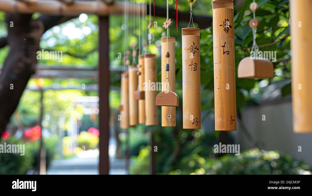 A stunning line of wind chimes dangles gracefully, their melodies ...