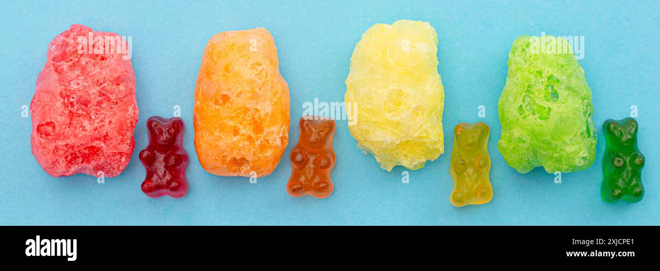 Line of Freeze Dried Gummy Bear Shaped Candies Isolated on a Blue ...