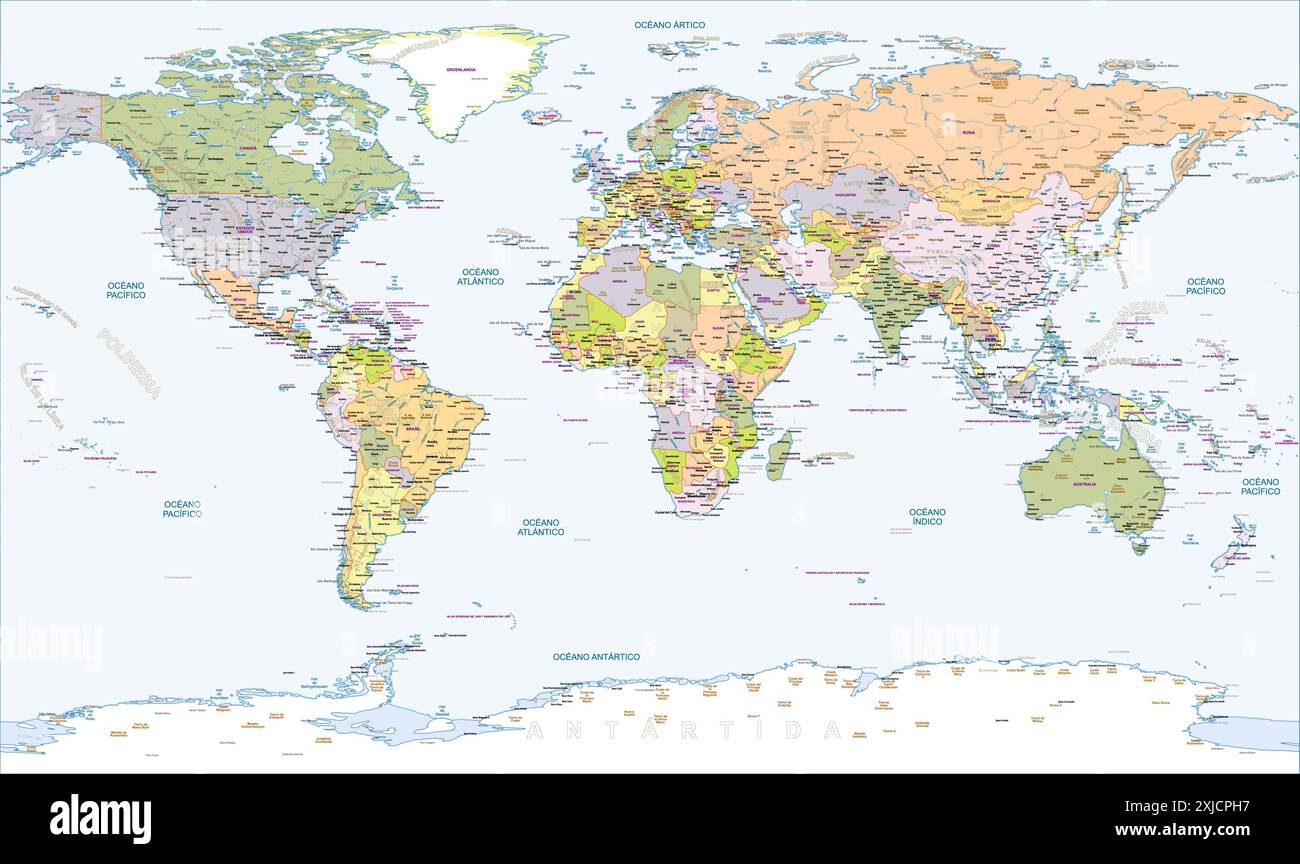 Detailed political physical world map Spanish language labeled Stock ...