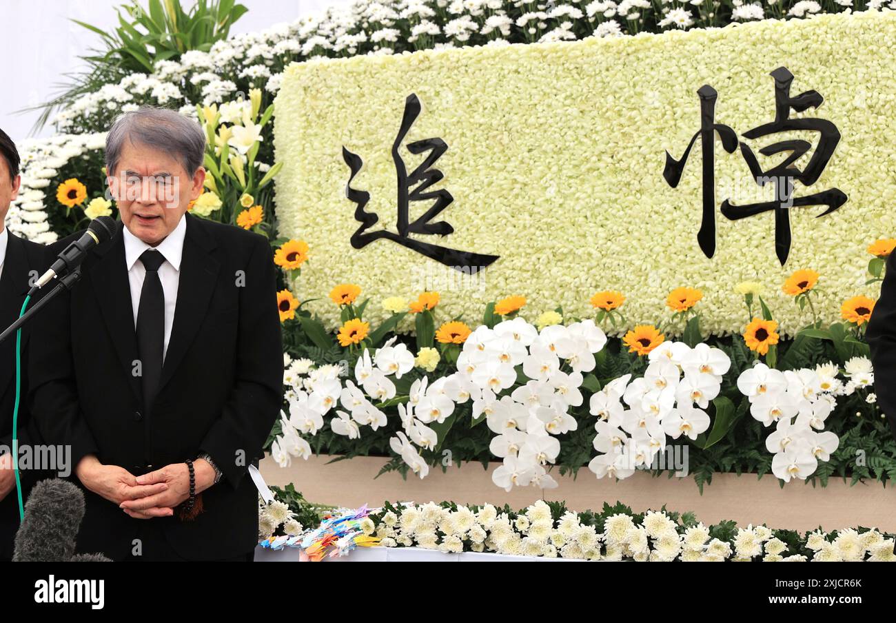 Hideaki Hatta, a president of Kyoto Animation, speaks to media after ...