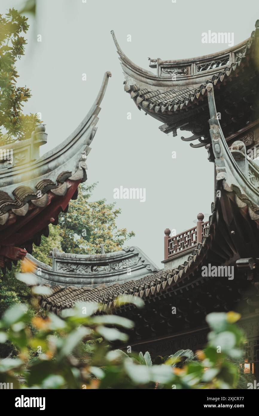 A close-up view of the elaborate roofline of a traditional Chinese ...