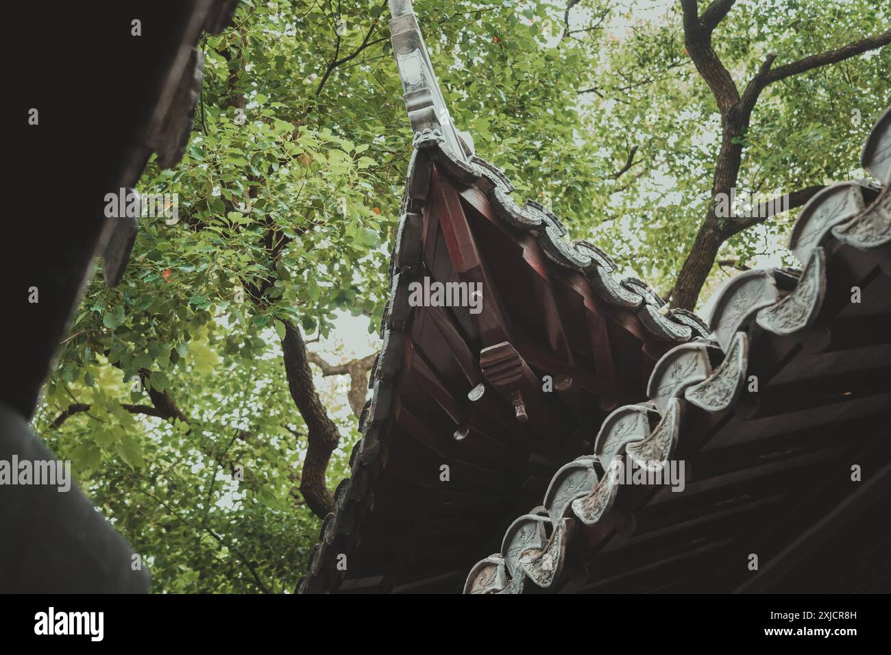 A low-angle view of the intricate roof of a traditional Chinese ...