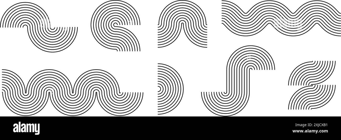 Black line boho style arch and wave set. Mid century linear curve ...