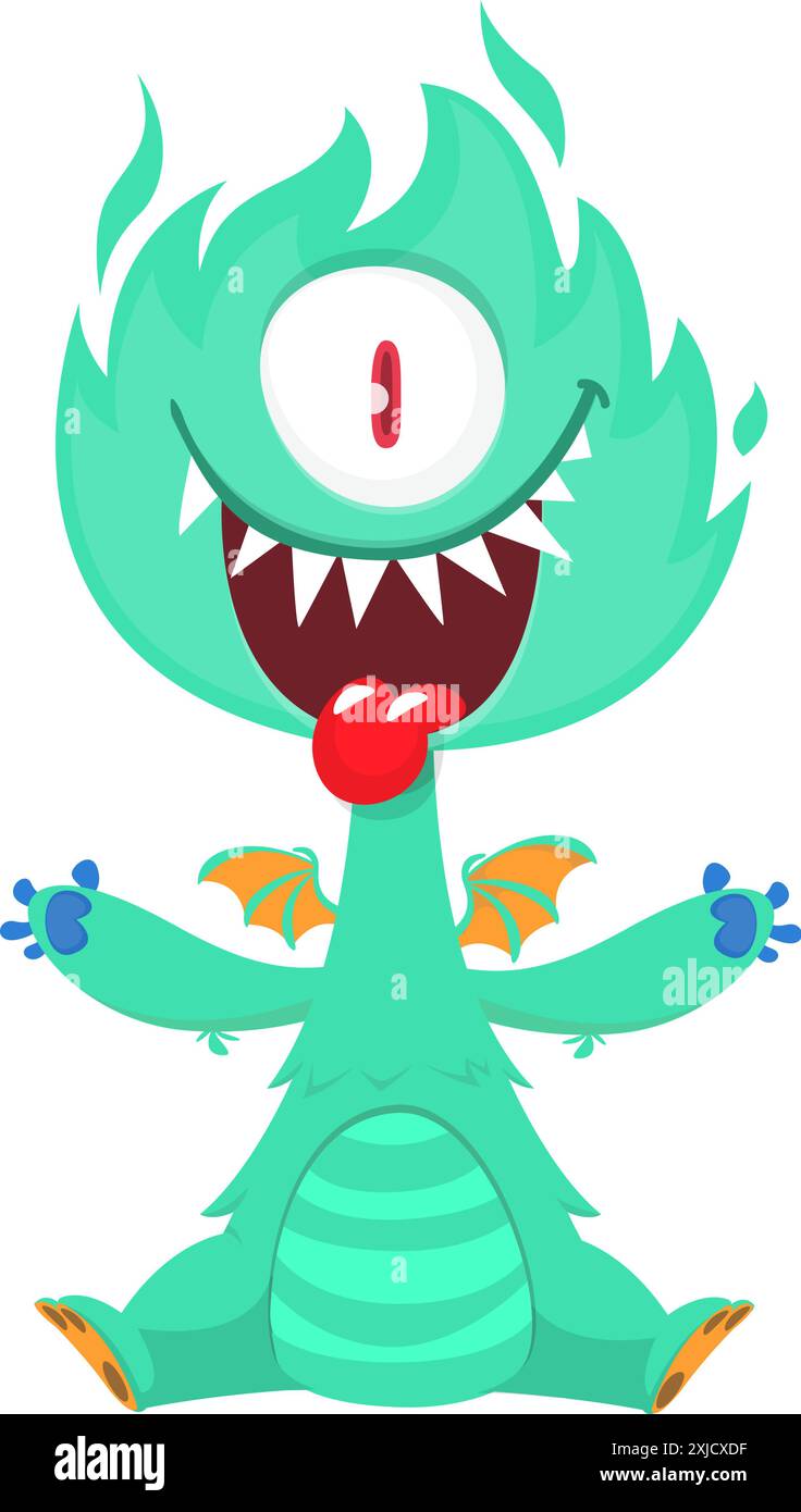 Cartoon happy monster with funny face expression sitting. Vector ...