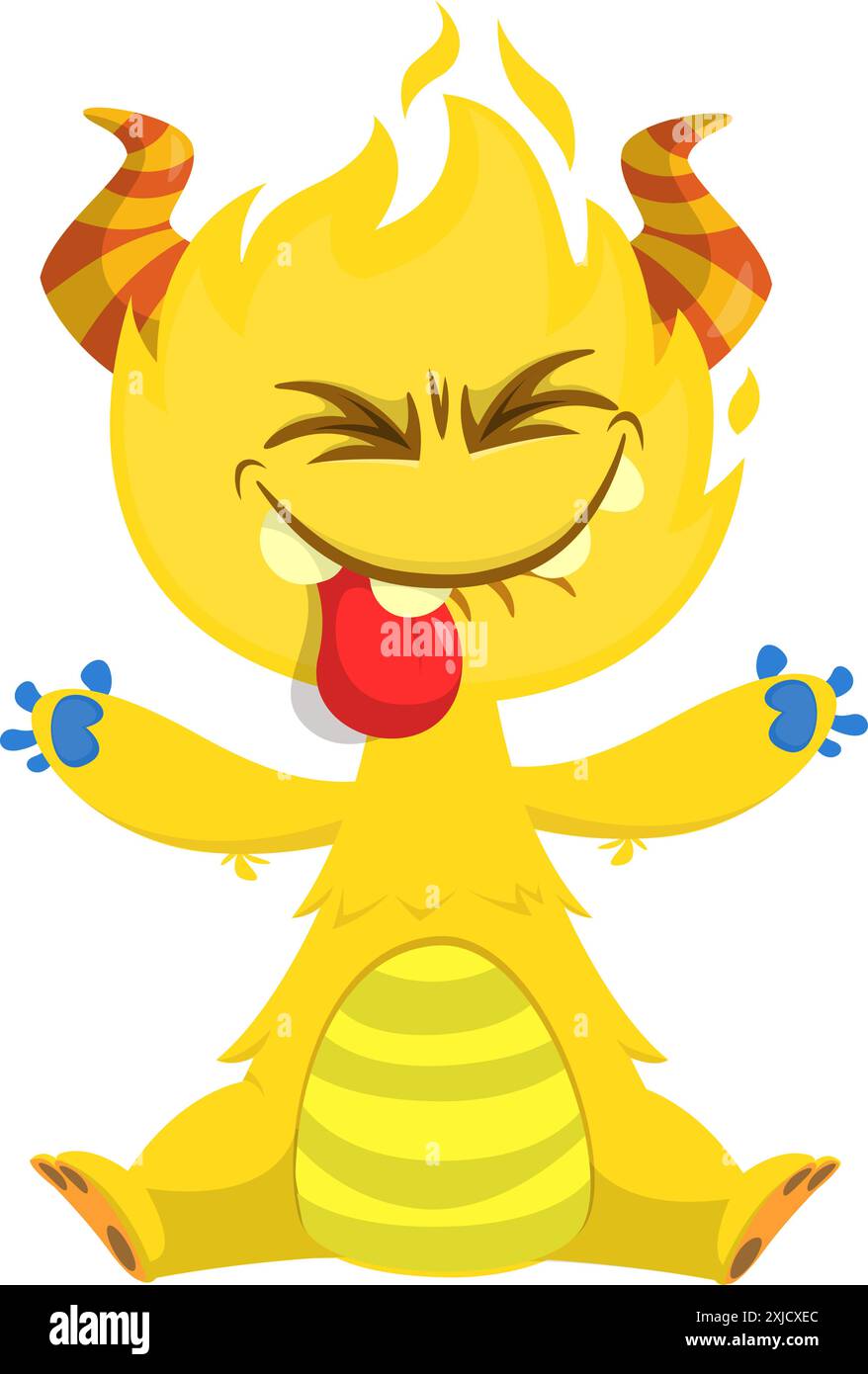Cartoon happy monster with funny face expression sitting. Vector ...