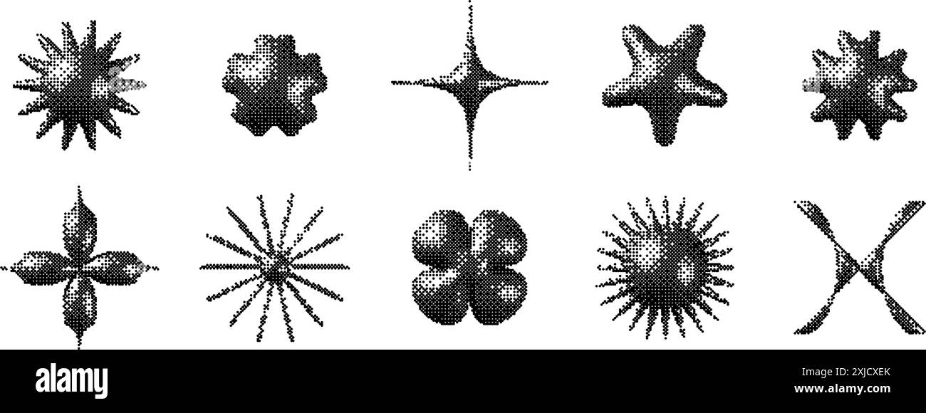 Pixelated 3d Y2K shape set. Bitmap stars, flowers, sparkles, waves ...