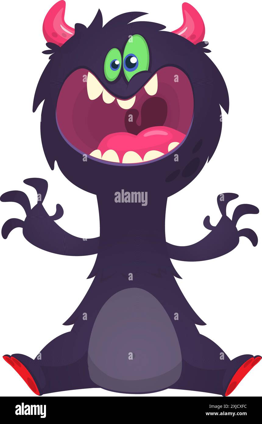 Cartoon happy monster with funny face expression sitting. Vector ...