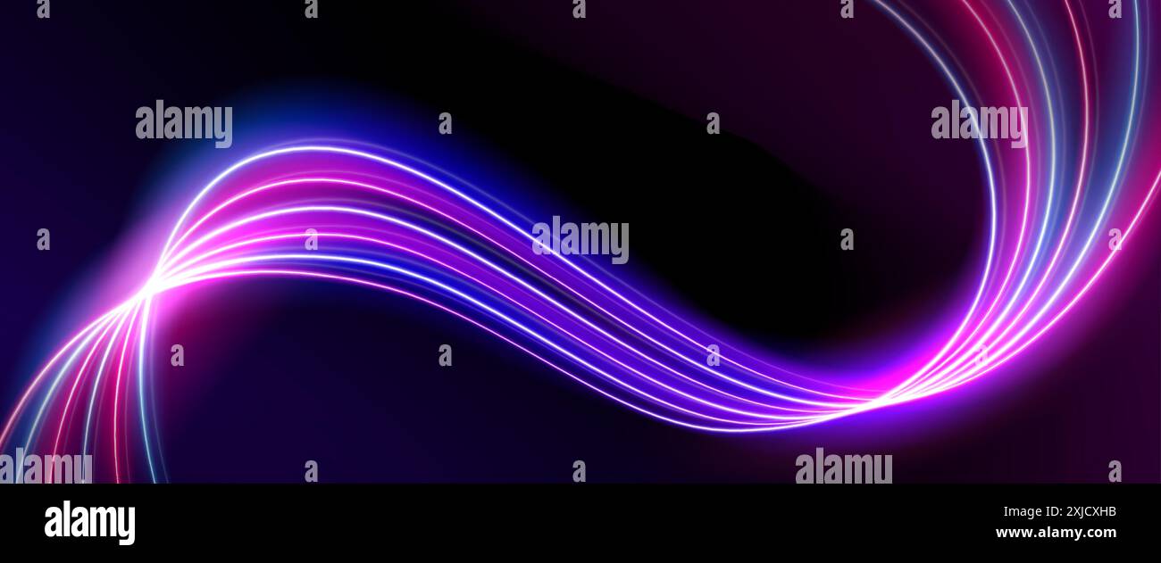Abstract pink neon light wave with glow effect. Blue and purple color ...