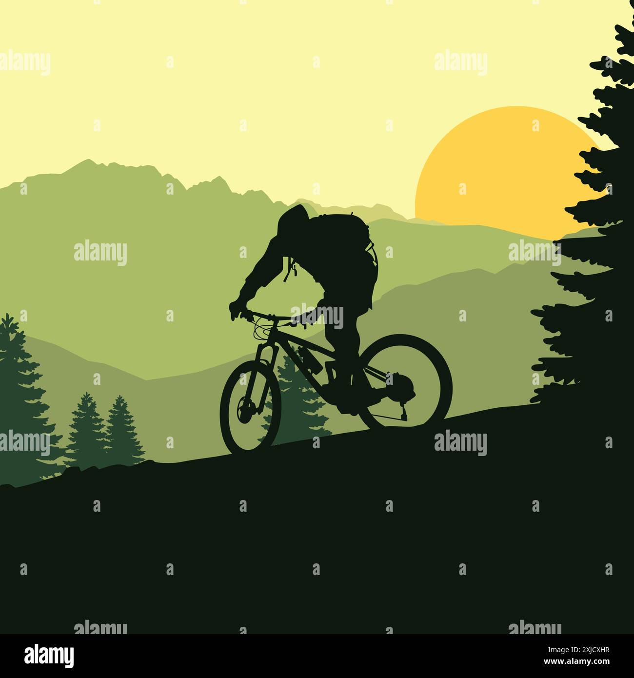 A vector illustration of Silhouette Mountain Biker Riding Bike Stock ...