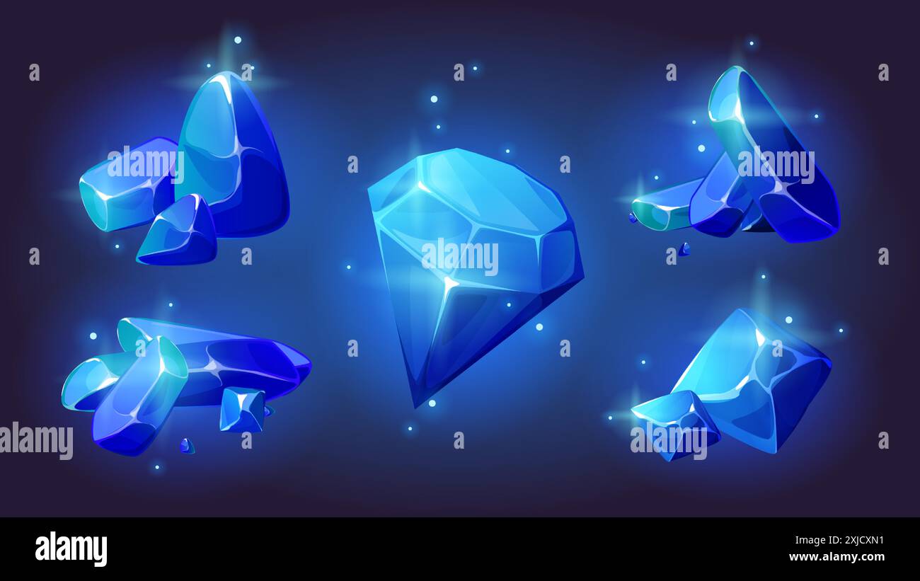 Magic blue gemstones set isolated on background. Vector cartoon ...