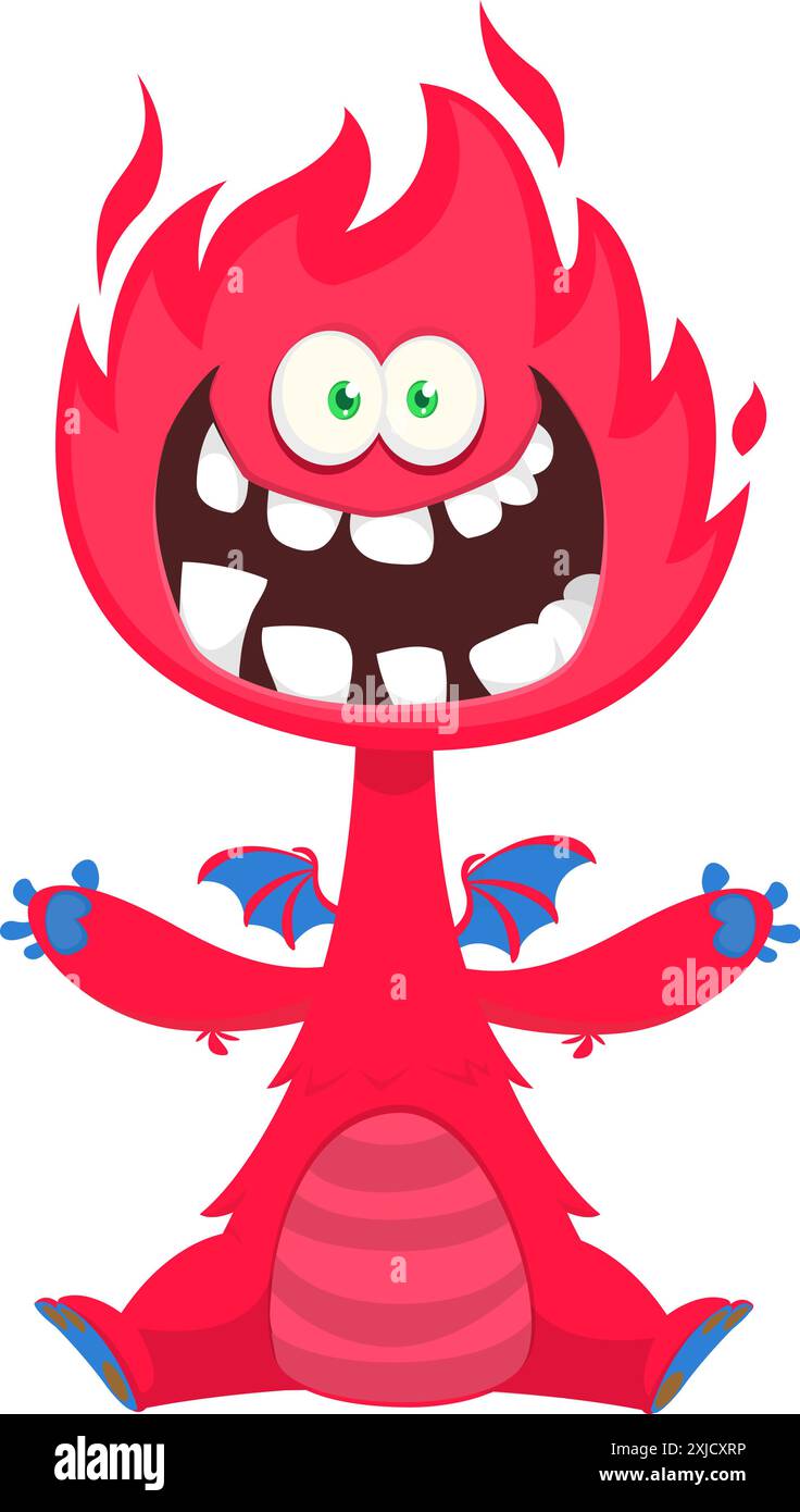 Cartoon happy monster with funny face expression sitting. Vector ...