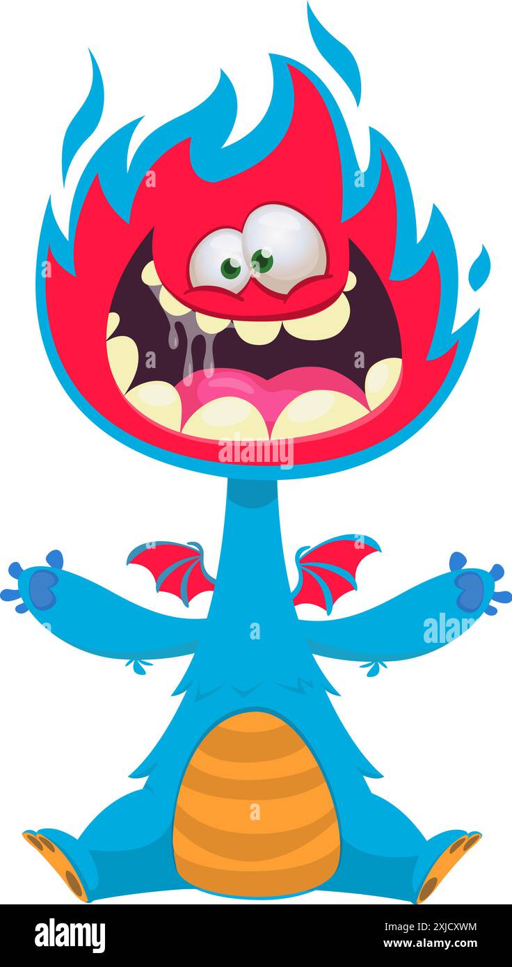 Cartoon happy monster with funny face expression sitting. Vector ...