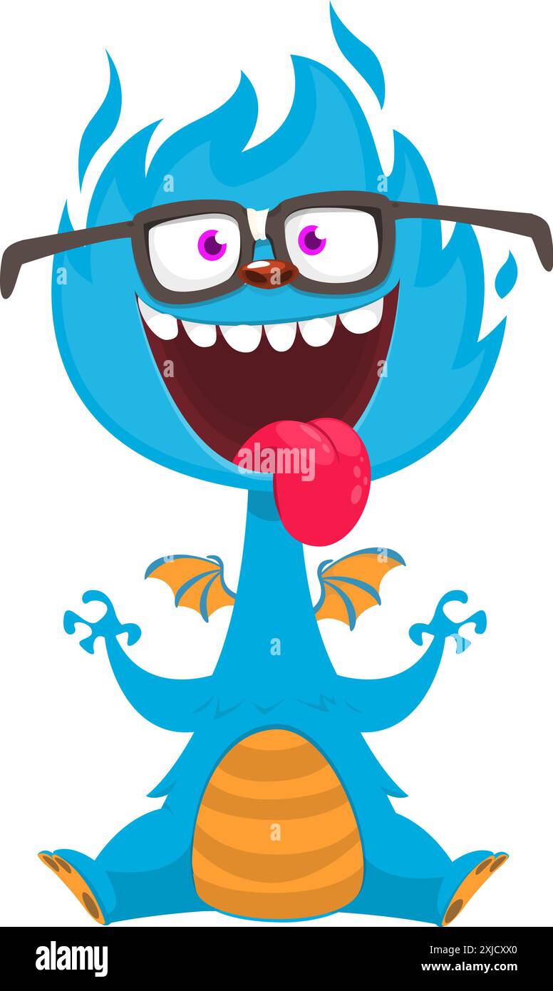 Cartoon happy monster with funny face expression sitting. Vector ...