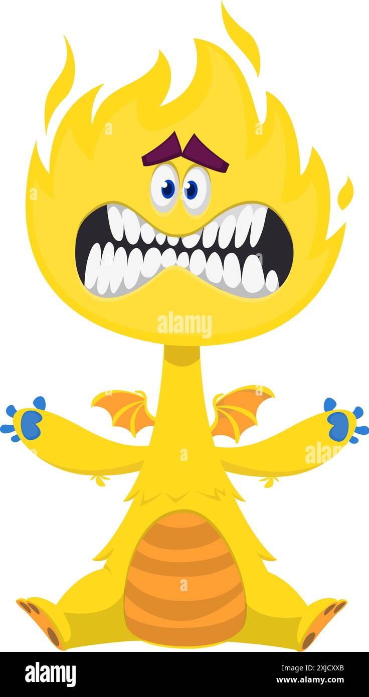 Cartoon happy monster with funny face expression sitting. Vector ...