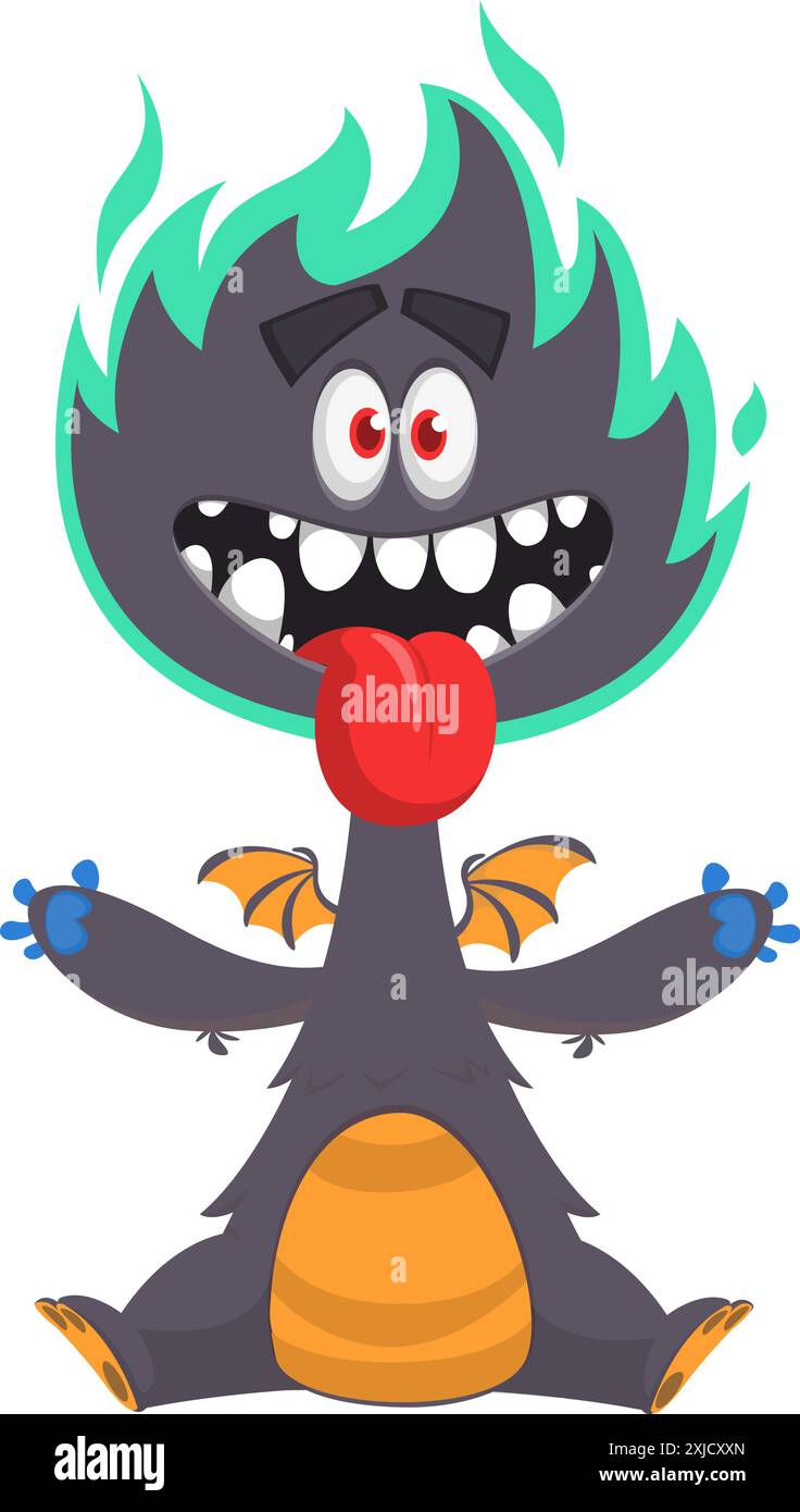 Cartoon happy monster with funny face expression sitting. Vector ...