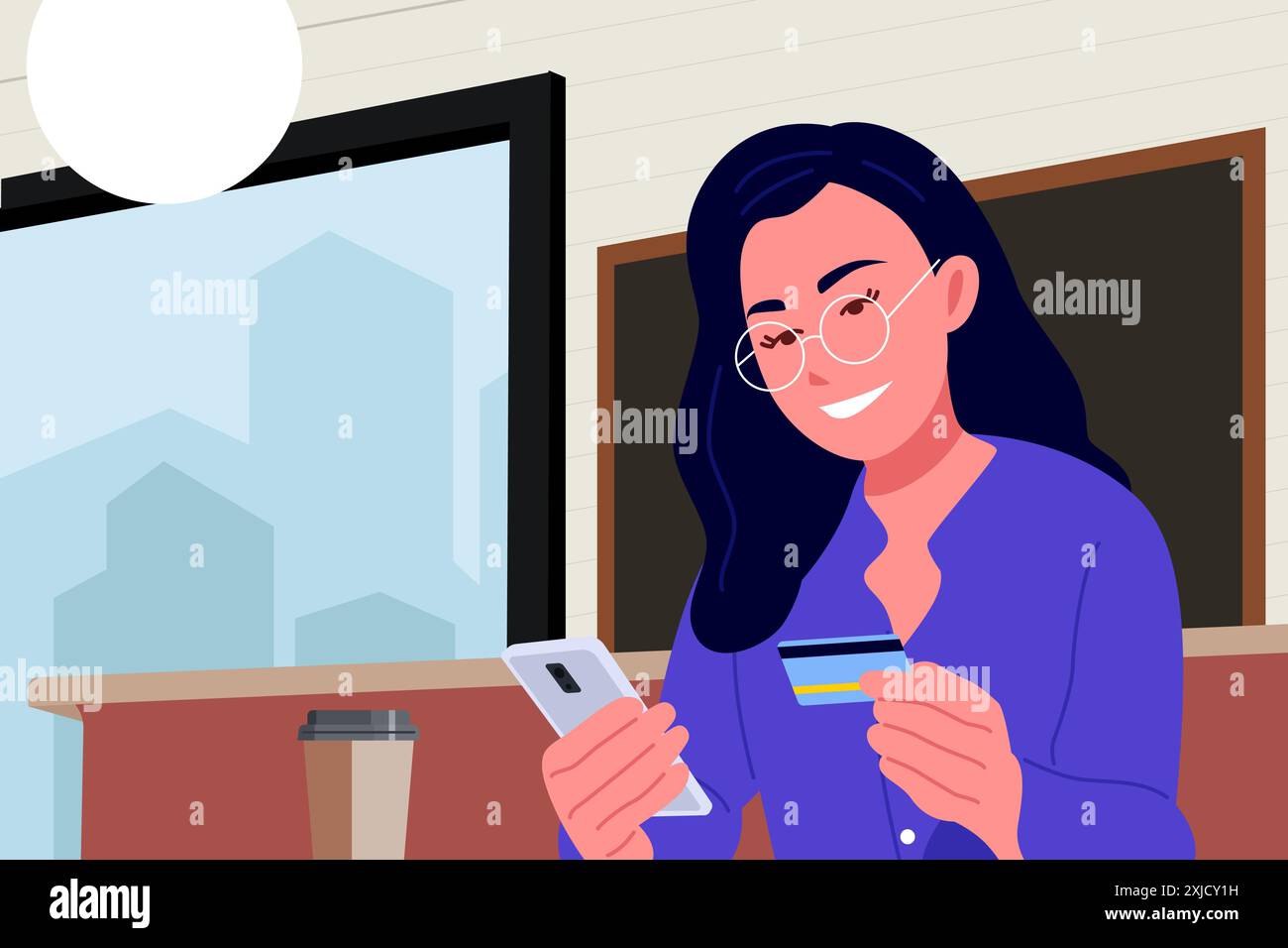 A vector illustration of Woman Online Shopping Paying Credit Card Stock ...