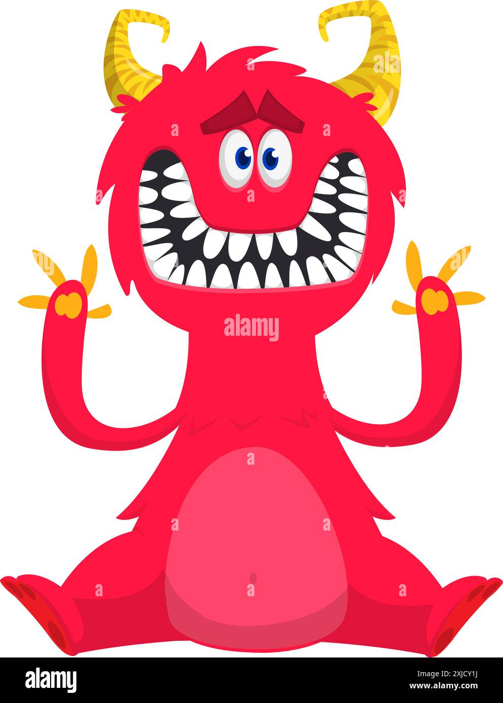 Cartoon happy monster with funny face expression sitting. Vector ...