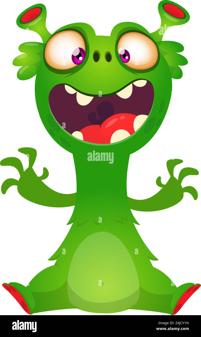 Cartoon happy monster with funny face expression sitting. Vector ...