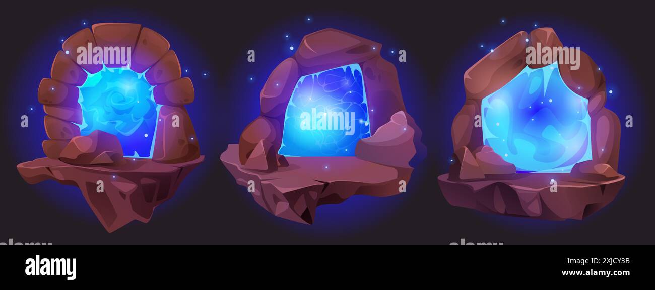 Magic portal with stone doorway and blue glow vortex. Cartoon vector illustration set of fantasy ...