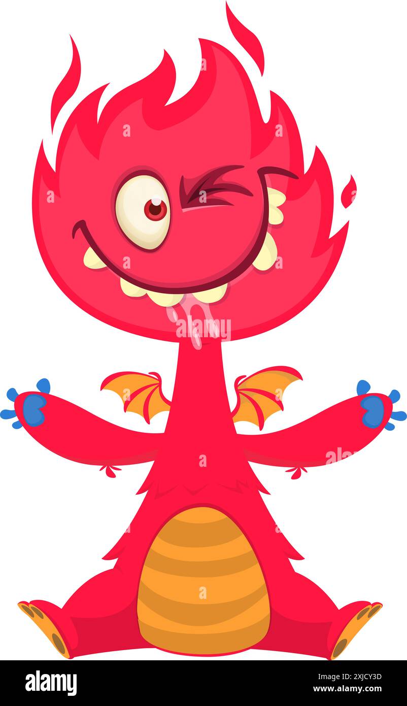 Cartoon happy monster with funny face expression sitting. Vector ...