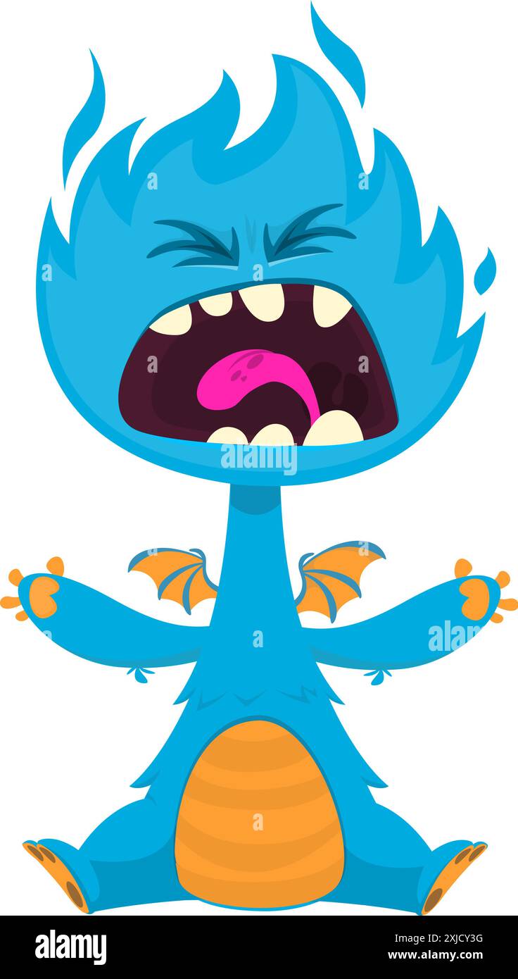 Cartoon happy monster with funny face expression sitting. Vector ...