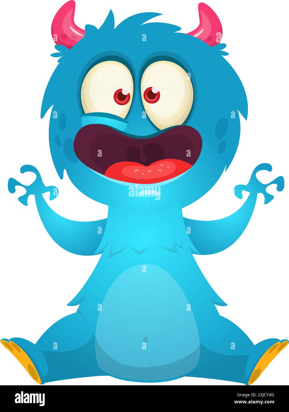 Cartoon happy monster with funny face expression sitting. Vector ...