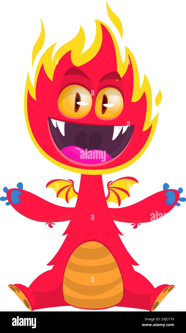 Cartoon happy monster with funny face expression sitting. Vector ...