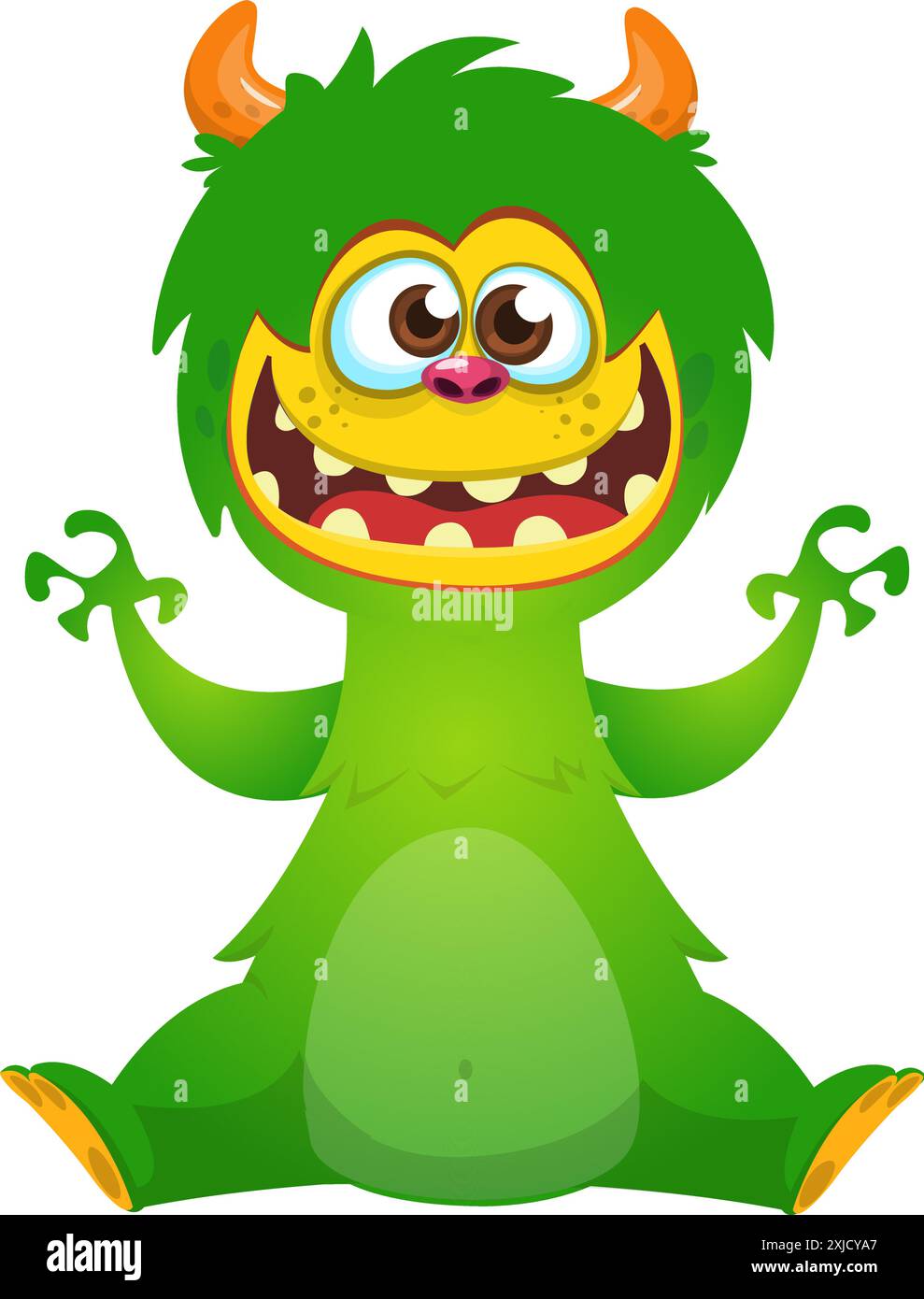 Cartoon happy monster with funny face expression sitting. Vector ...