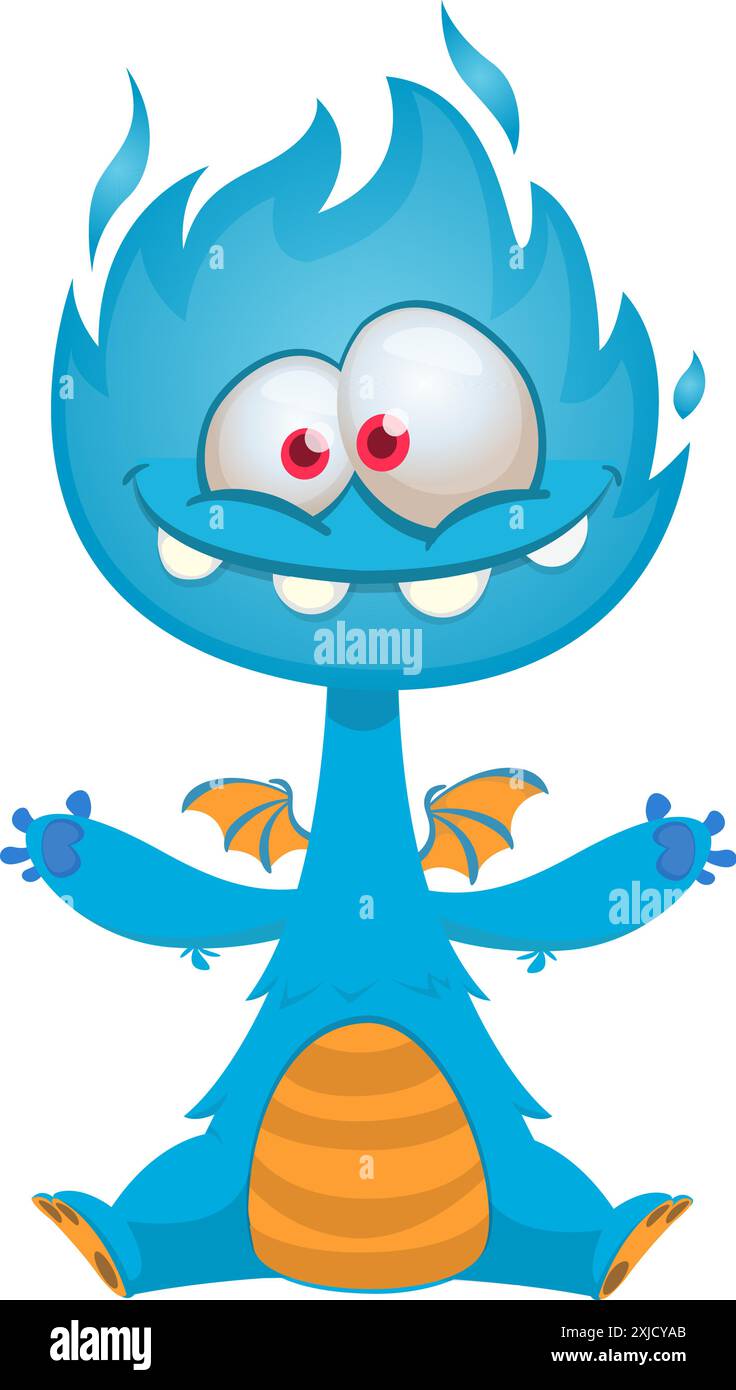 Cartoon happy monster with funny face expression sitting. Vector ...