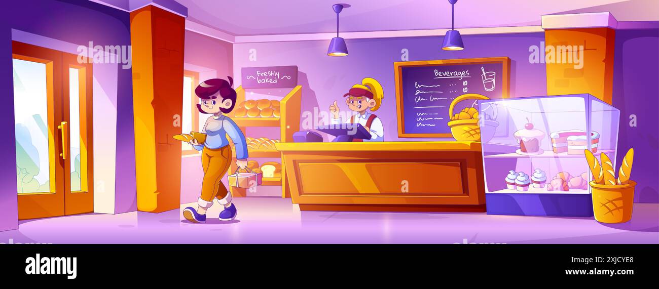 Bakery shop interior with woman buyer and cashier. Cartoon vector of ...