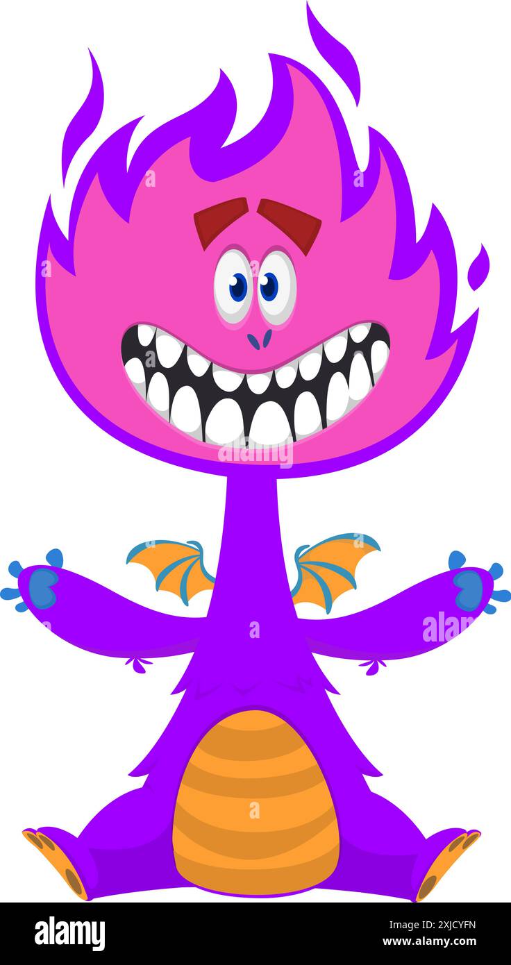 Cartoon happy monster with funny face expression sitting. Vector ...