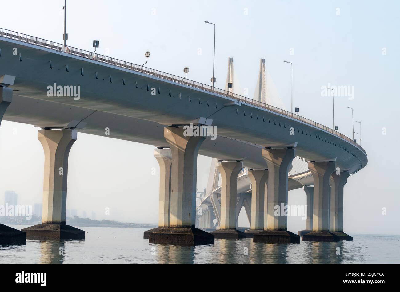 A view of Bandra Worli Sea link in Mumbai, India. It is a cable-stayed bridge that links Bandra ...
