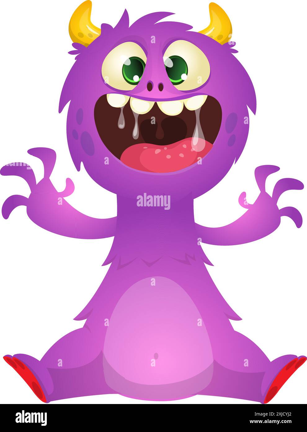 Cartoon happy monster with funny face expression sitting. Vector ...