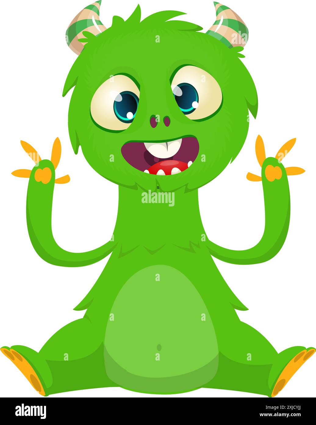 Cartoon happy monster with funny face expression sitting. Vector ...