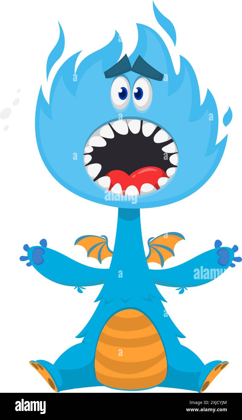 Cartoon happy monster with funny face expression sitting. Vector ...