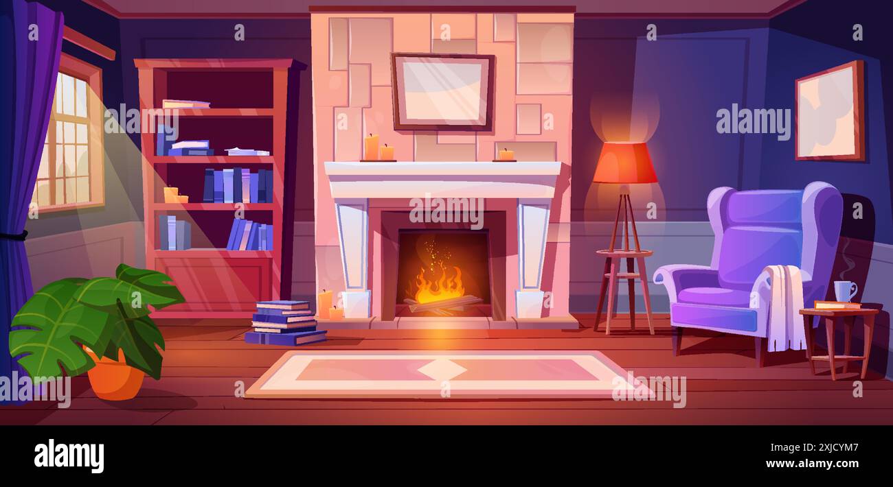 Cozy living room interior with flame in fireplace, armchair and lamp ...