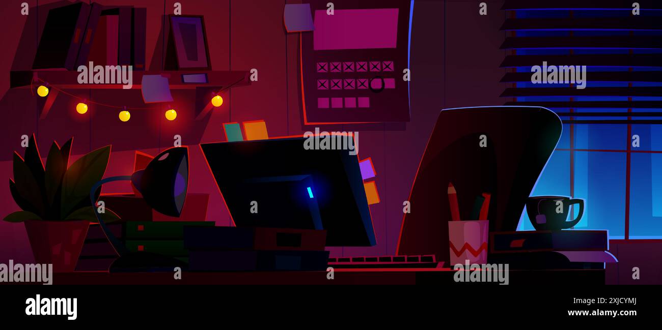 Workplace table in home room interior for remote work at night. Cartoon ...