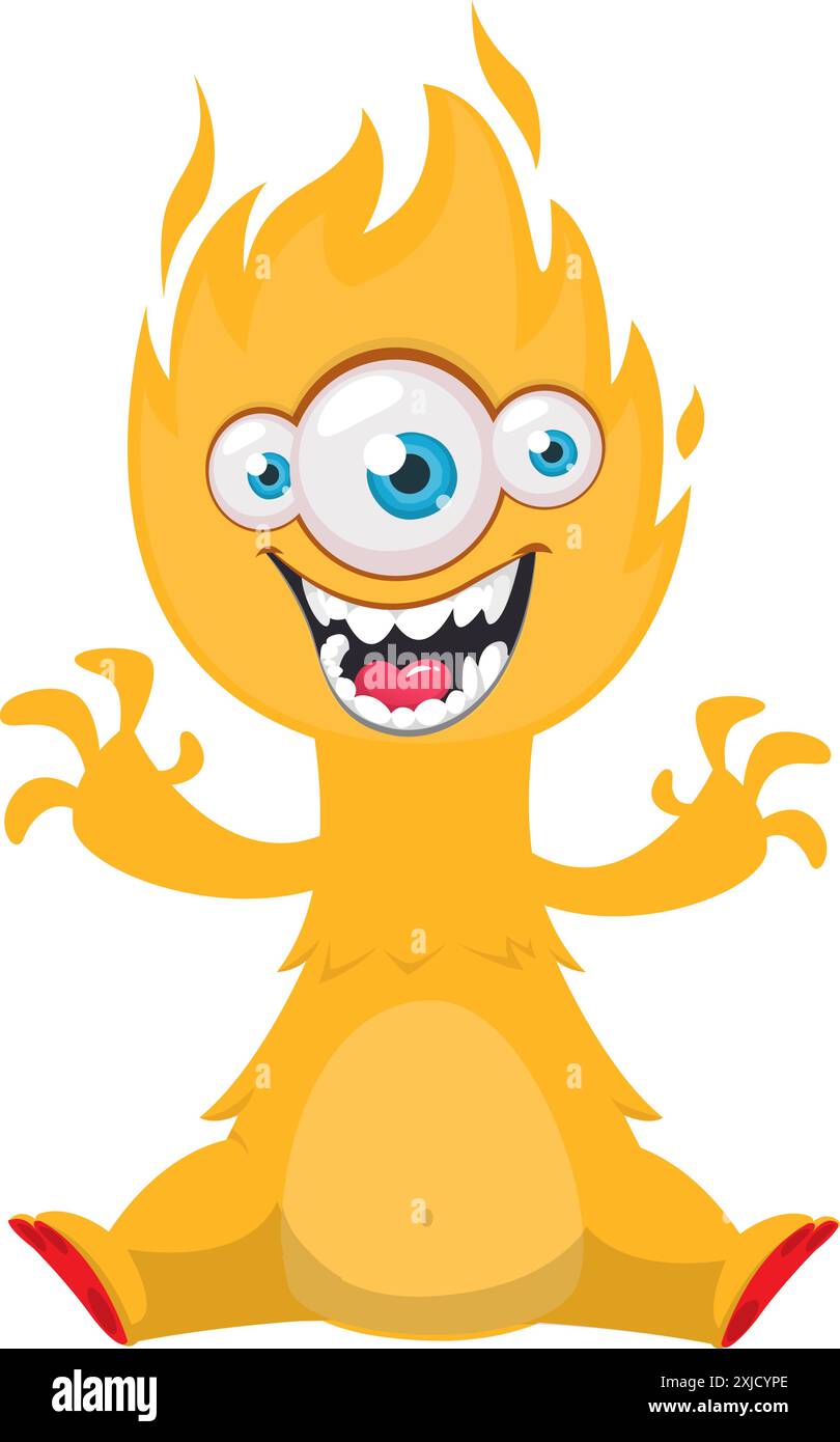 Cartoon happy monster with funny face expression sitting. Vector ...