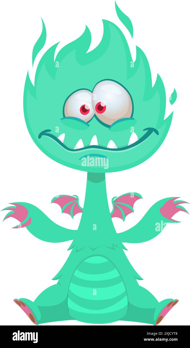 Cartoon happy monster with funny face expression sitting. Vector ...