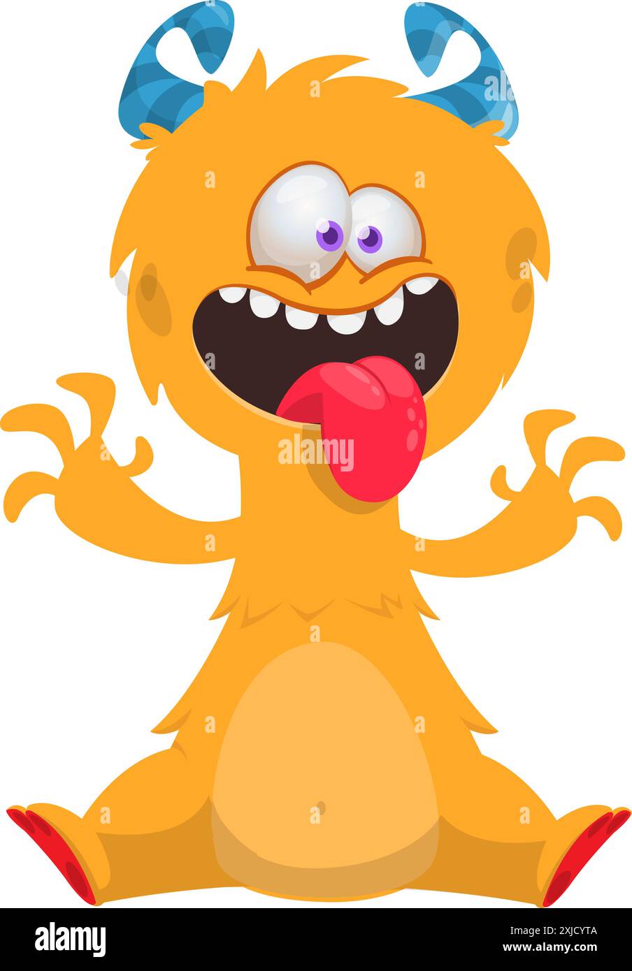Cartoon happy monster with funny face expression sitting. Vector ...