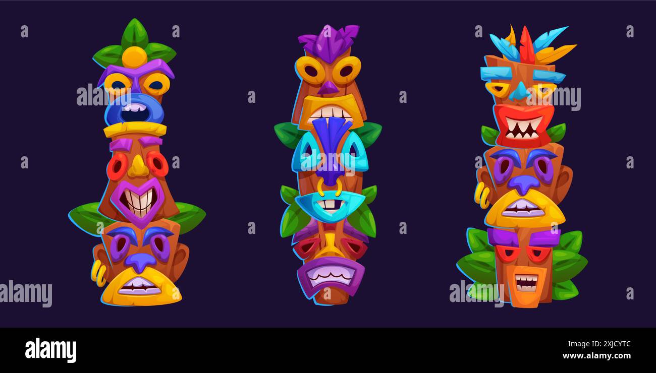 Exotic tiki masks set isolated on black background. Vector cartoon ...