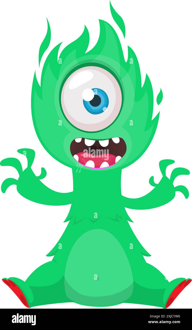 Cartoon happy monster with funny face expression sitting. Vector ...