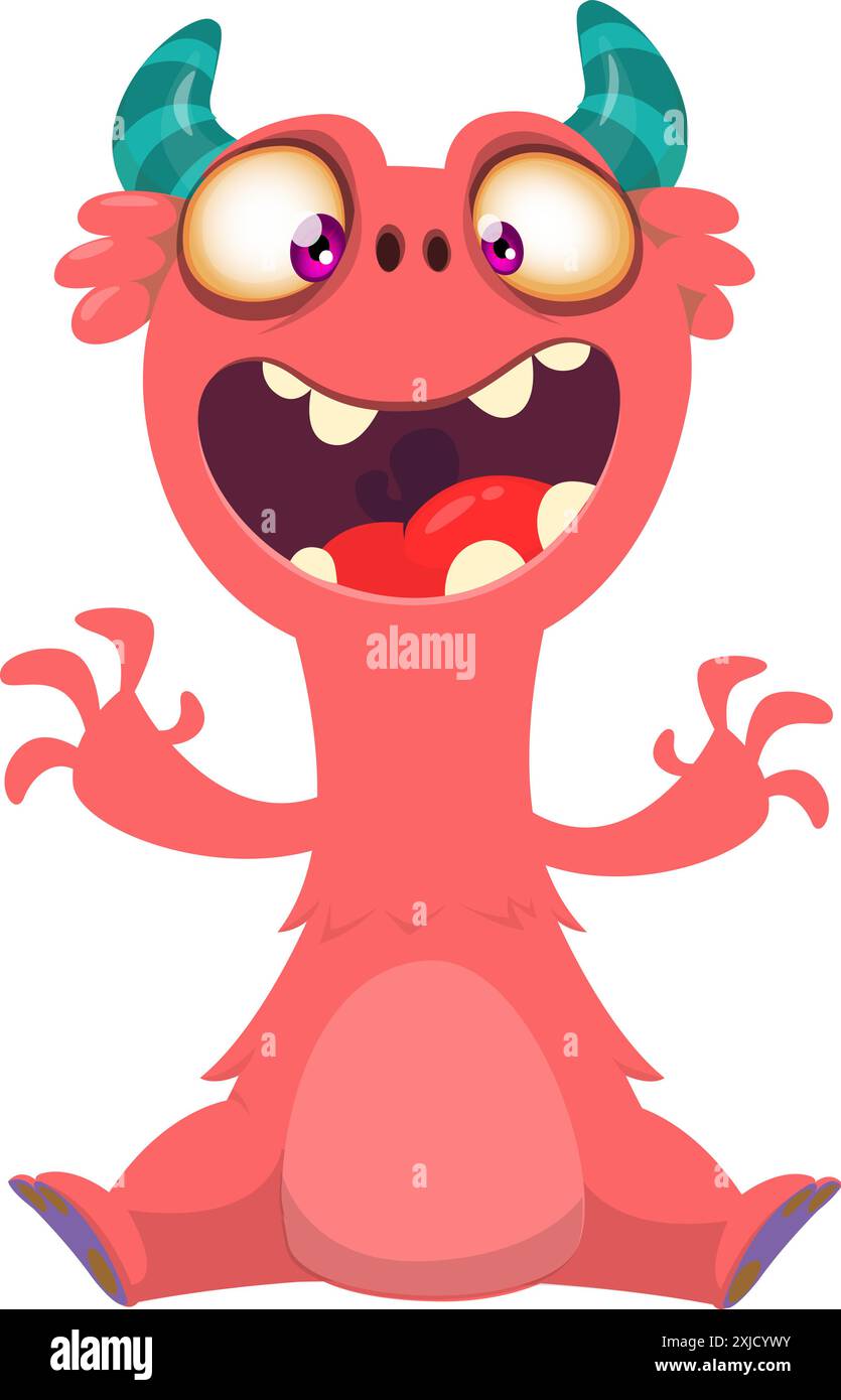 Cartoon happy monster with funny face expression sitting. Vector ...