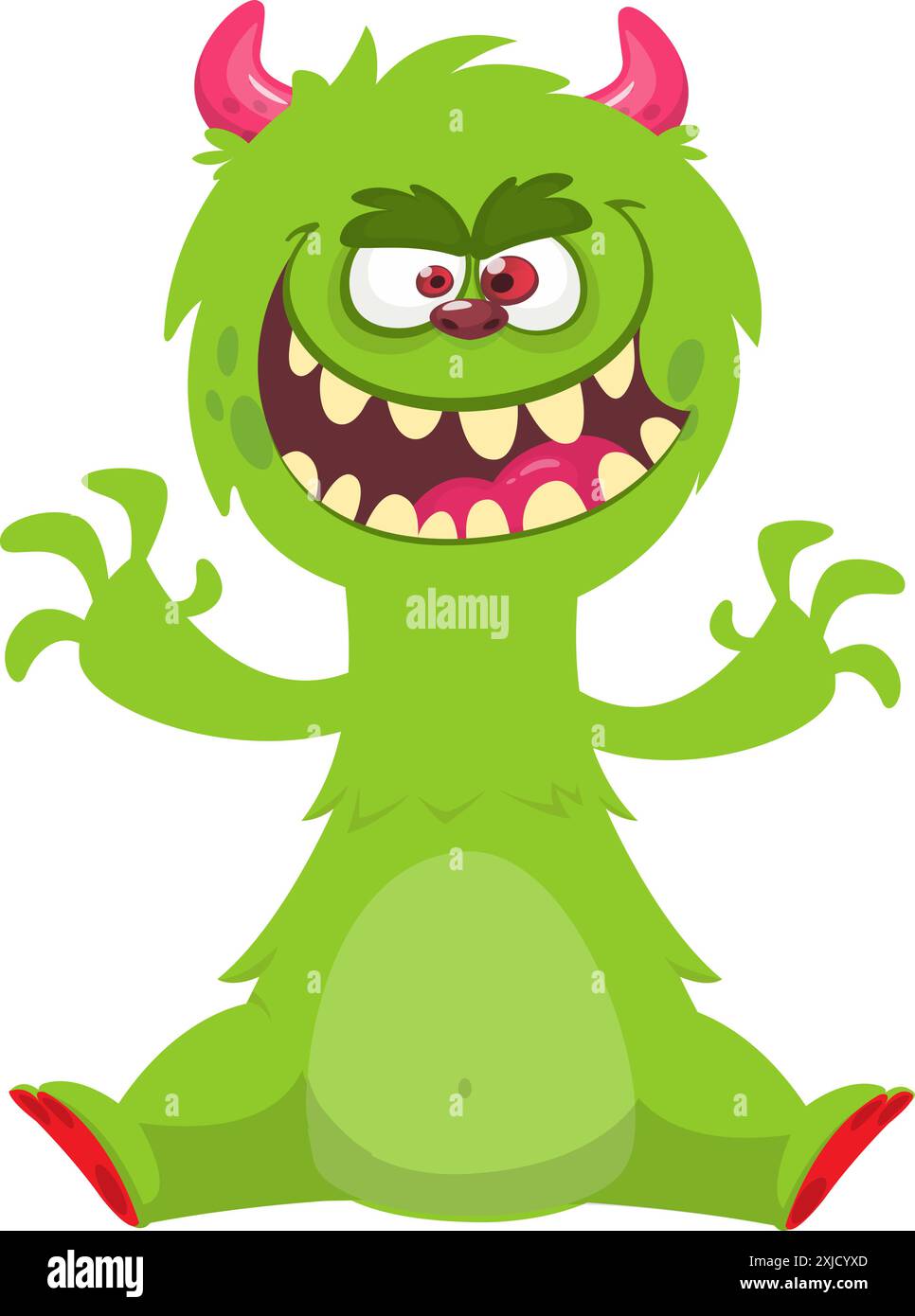 Cartoon happy monster with funny face expression sitting. Vector ...