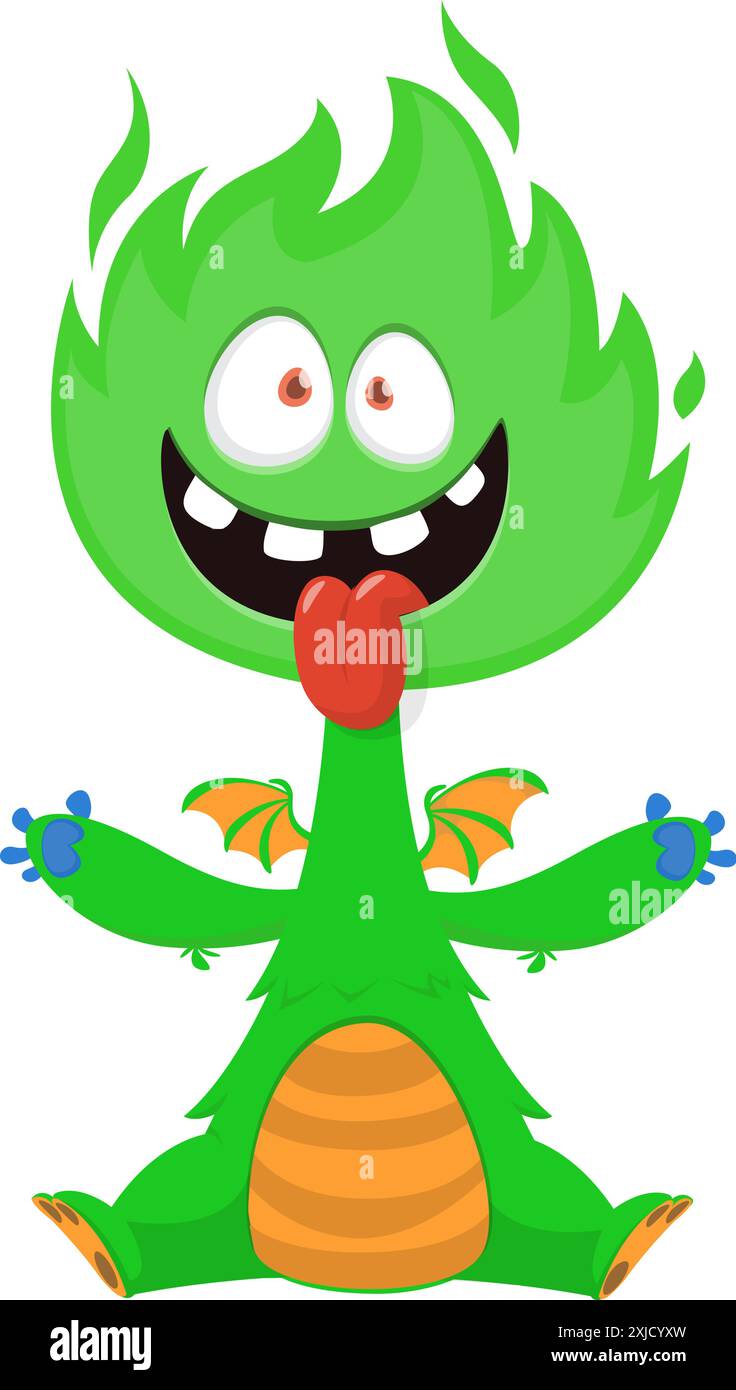 Cartoon happy monster with funny face expression sitting. Vector ...