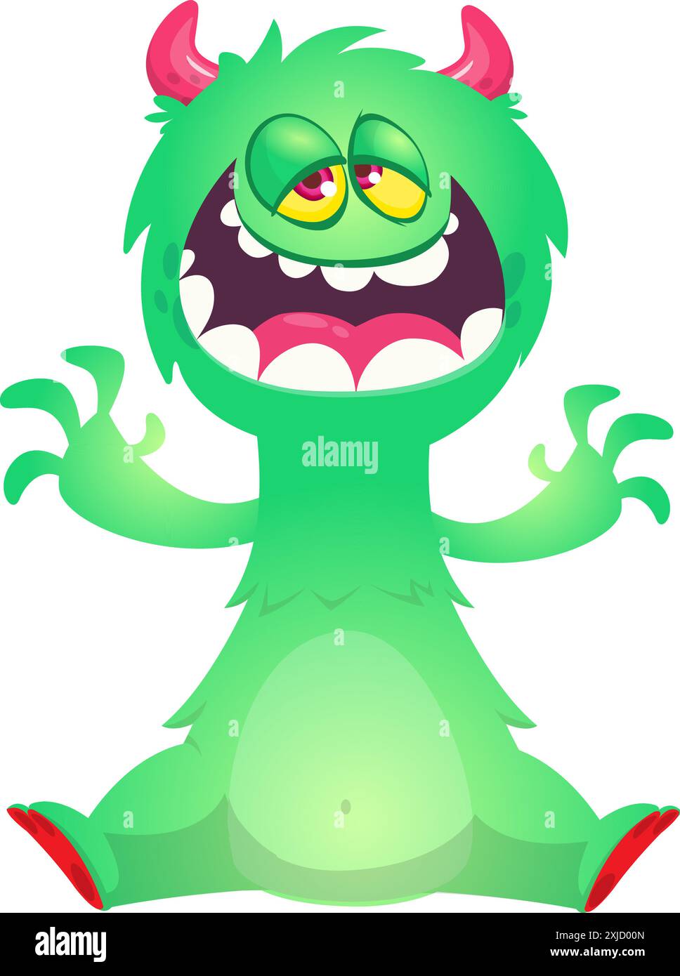 Cartoon happy monster with funny face expression sitting. Vector ...
