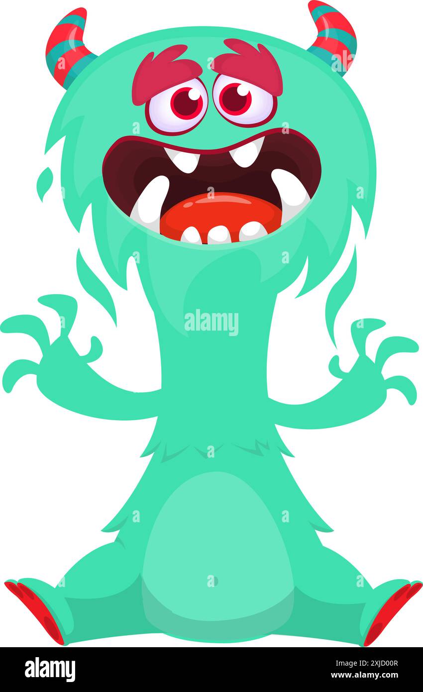 Cartoon happy monster with funny face expression sitting. Vector ...